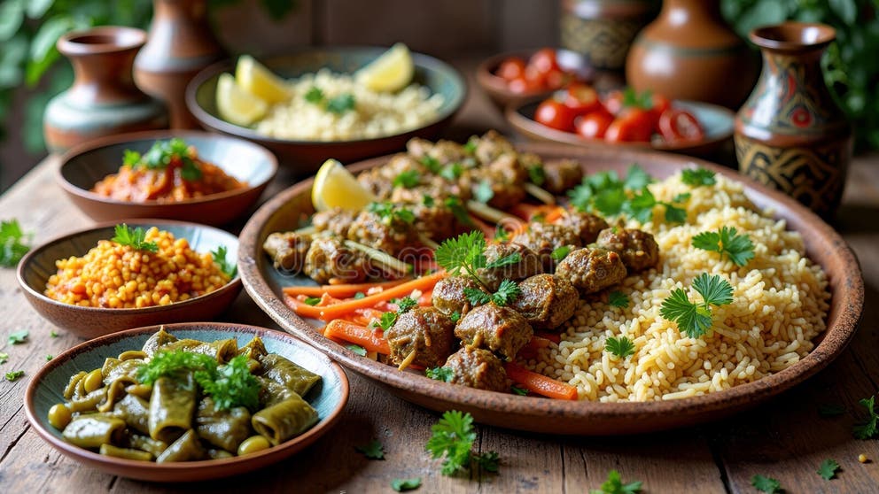 Traditional Middle Eastern Feast with Kebabs, Rice, and Vegetables on ...
