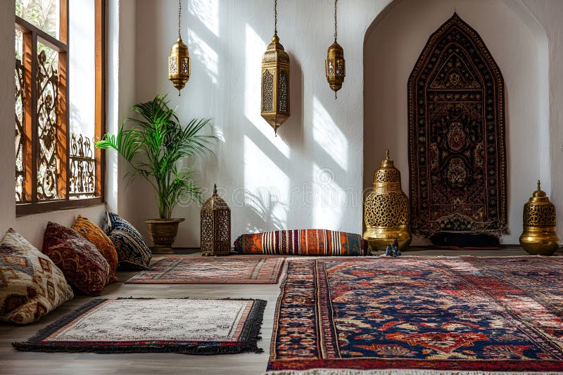 Traditional Middle Eastern Interior with Ornate Rugs and Arabic ...