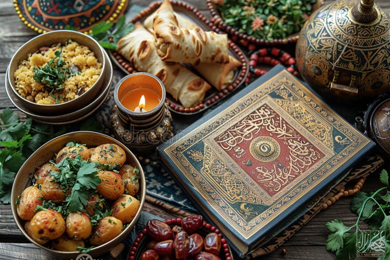 Traditional Middle Eastern Meal with Quran and Spices Stock ...