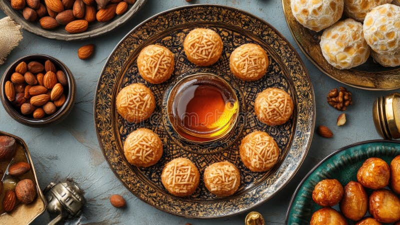 Traditional Middle Eastern Sweets with Almonds and Honey on Decorative ...