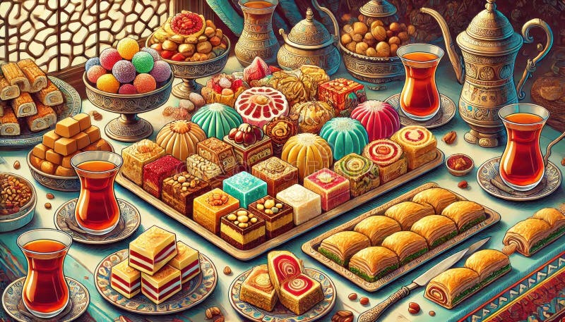 Traditional Middle Eastern Sweets and Tea Served in an Ornate, Colorful ...