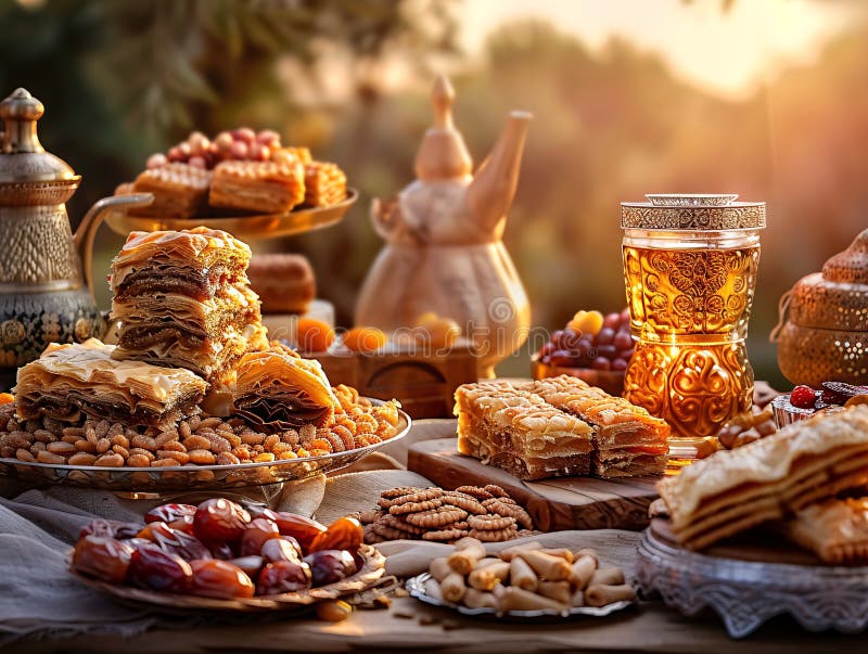 Traditional Middle Eastern Sweets and Tea Set on a Rustic Outdoor Table ...