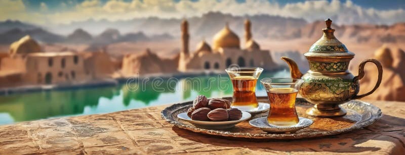 Traditional Middle Eastern Tea Set on a Tray with Dates, Overlooking ...