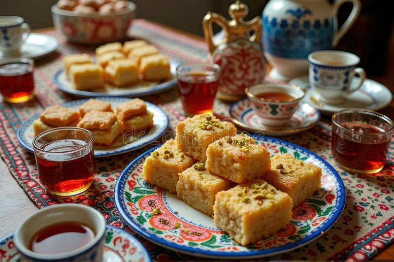 Traditional Middle Eastern Tea Setting with Sweets and Ornate Pottery ...