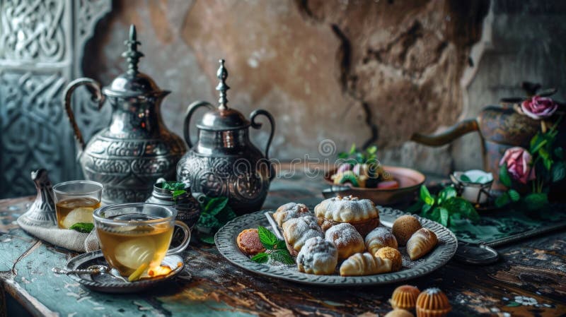 Traditional Middle Eastern Tea and Sweets Setup Stock Illustration ...