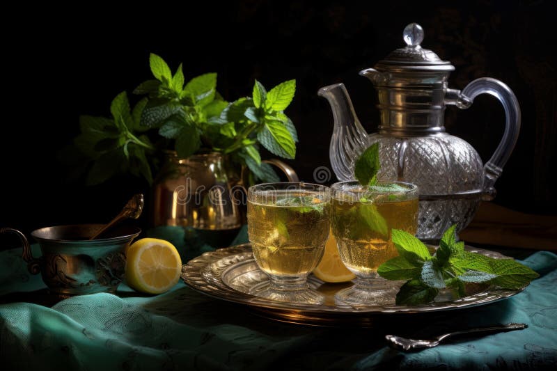 Traditional Mint Tea Service with Silver Teapot Stock Image - Image of ...