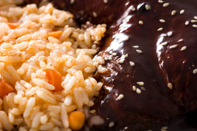 Traditional Mole Poblano with Rice Stock Image - Image of chili ...
