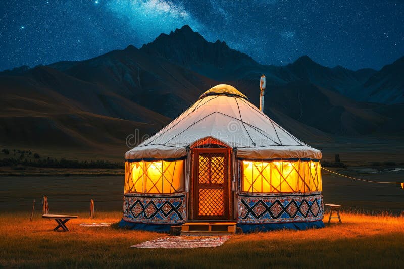 Traditional Mongolian Yurt at Night Under the Milky Way with Mountains ...