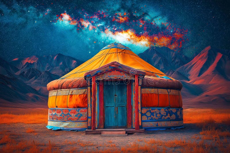 Traditional Mongolian Yurt at Night Under the Milky Way with Mountains ...