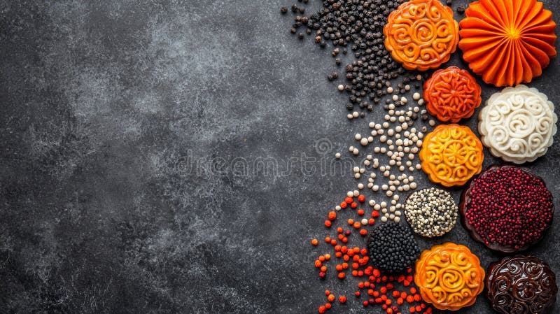Traditional Mooncake Display on Dark Surface Stock Illustration ...