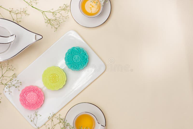 Traditional Mooncakes on Table Setting with Teacup. Stock Image - Image ...