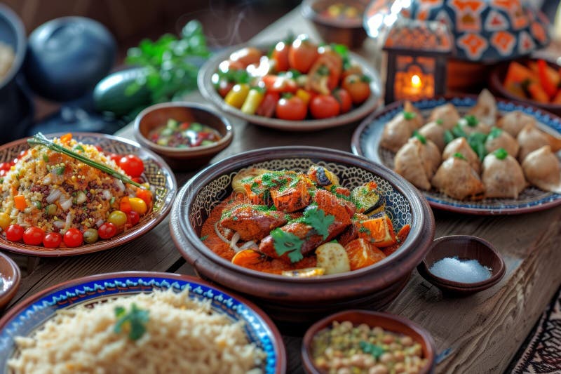 Traditional Moroccan Tagine with Side Dishes on Rustic Table Setting ...
