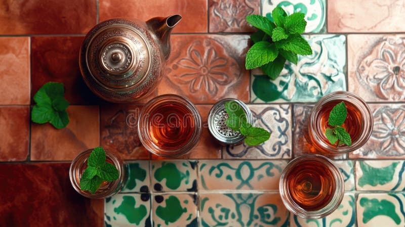 Traditional Moroccan Tea Ceremony with Mint and Decorative Tiles Stock ...