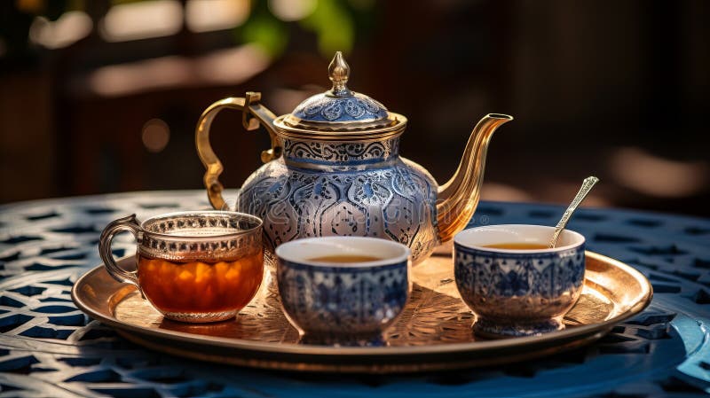 A Traditional Moroccan Tea Ceremony with Ornate Teapots and Glasses ...