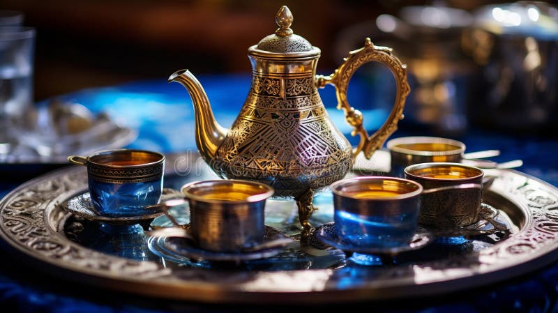 A Traditional Moroccan Tea Ceremony with Ornate Teapots and Glasses ...