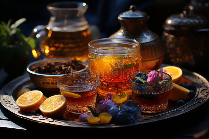 Traditional Moroccan Tea Set on a Patterned Rug, Capturing the Essence ...