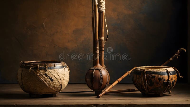 Traditional Musical Instruments Displayed on a Wooden Surface in Warm ...
