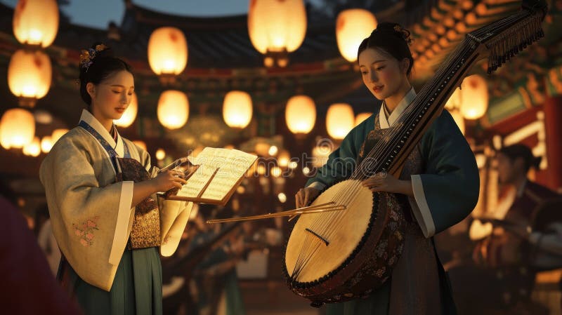 Traditional Musicians in Festive Setting with Illuminated Lanterns and ...