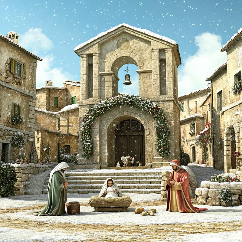 "Traditional Nativity Scene in Snow-Covered Setting" Stock Illustration ...