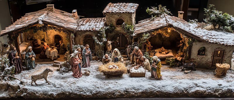 "Traditional Nativity Scene in Snow-Covered Setting" Stock Illustration ...