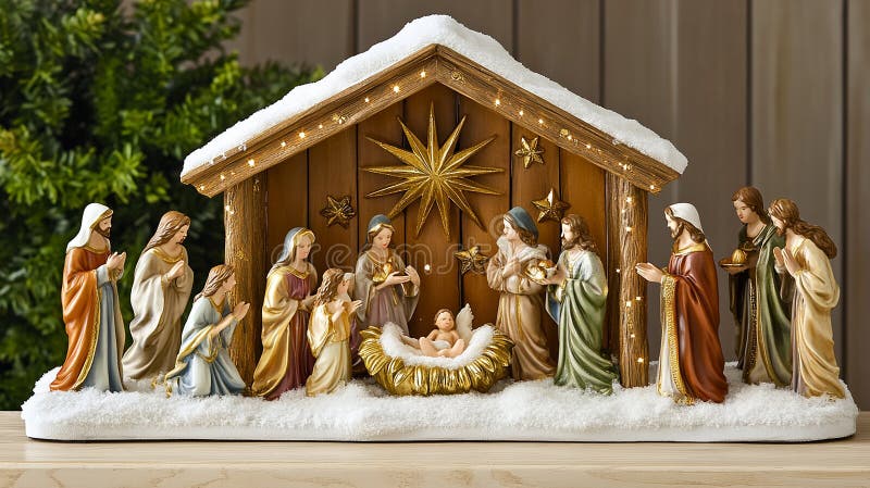 "Traditional Nativity Scene in Snow-Covered Setting" Stock Illustration ...