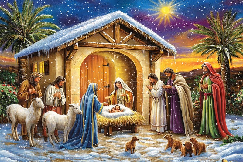 "Traditional Nativity Scene in Snow-Covered Setting" Stock Illustration ...