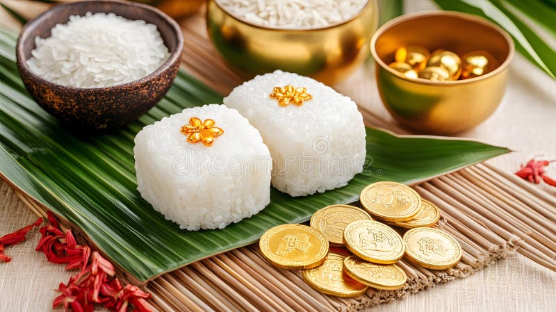 Traditional Nian Gao Rice Cakes with Gold Coins and Rice on Leaf Stock ...