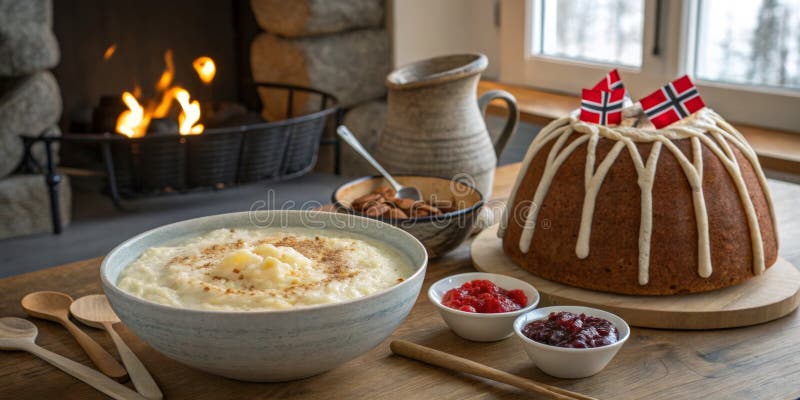Traditional Norwegian Feast Featuring Rice Pudding and Unique Cake by a ...