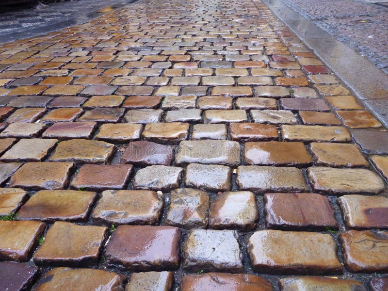 Traditional Old Cobbles in the Rain Stock Image - Image of material ...