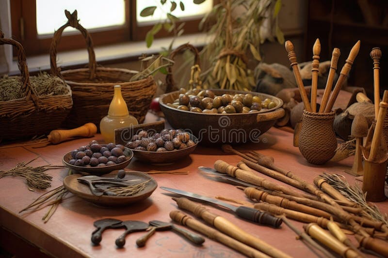 Traditional Olive Harvesting Tools Arranged on a Table Stock ...