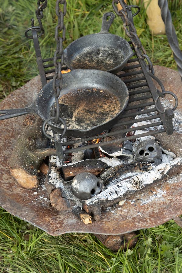Traditional Open Fire Cooking with Pans in Countryside Stock Image ...