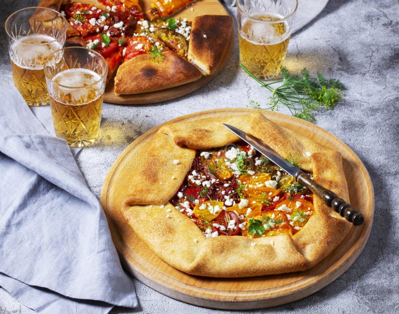 Traditional Open Pie Galette with Tomatoes, Cheese and Herbs, Served ...