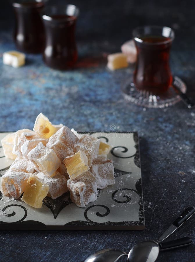 Traditional Turkish Lokum with Tea Stock Photo - Image of oriental ...
