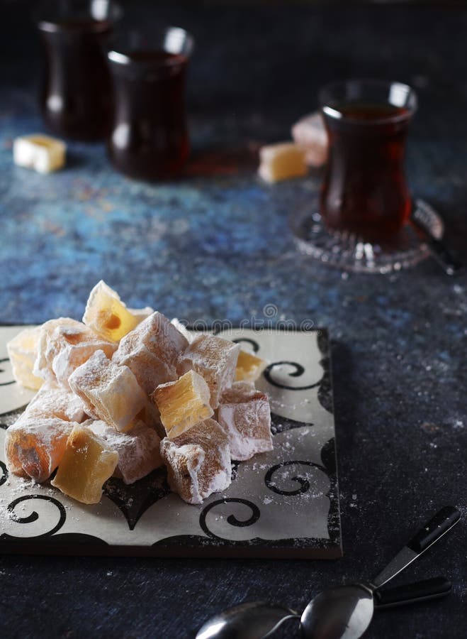 Traditional Turkish Lokum with Tea Stock Image - Image of turkey ...
