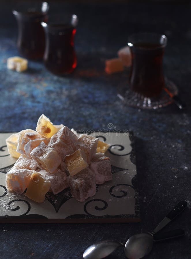 Traditional Turkish Lokum with Tea Stock Photo - Image of turkey ...