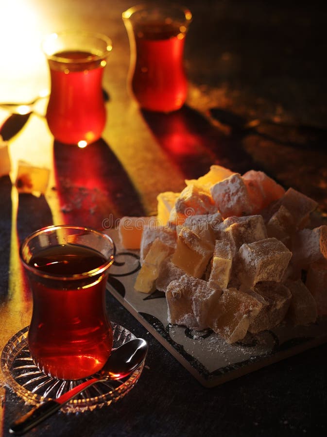 Traditional Turkish Lokum with Tea Stock Photo - Image of dessert ...
