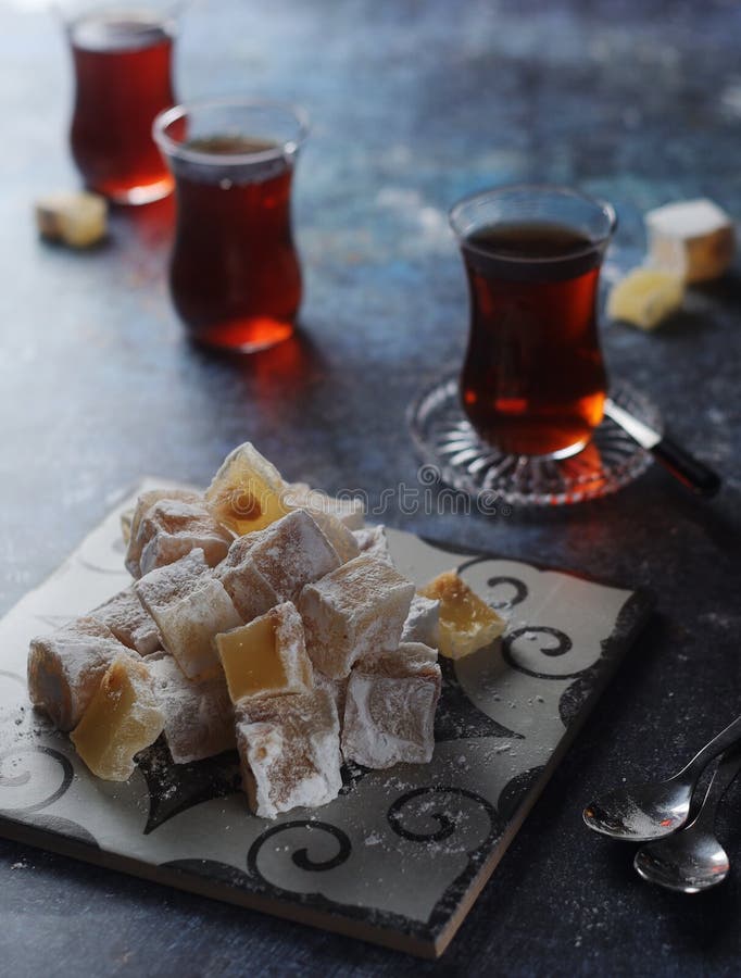 Traditional Turkish Lokum with Tea Stock Image - Image of eastern ...