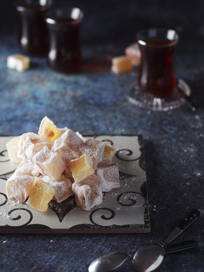 Traditional Turkish Lokum with Tea Stock Image - Image of middle, east ...