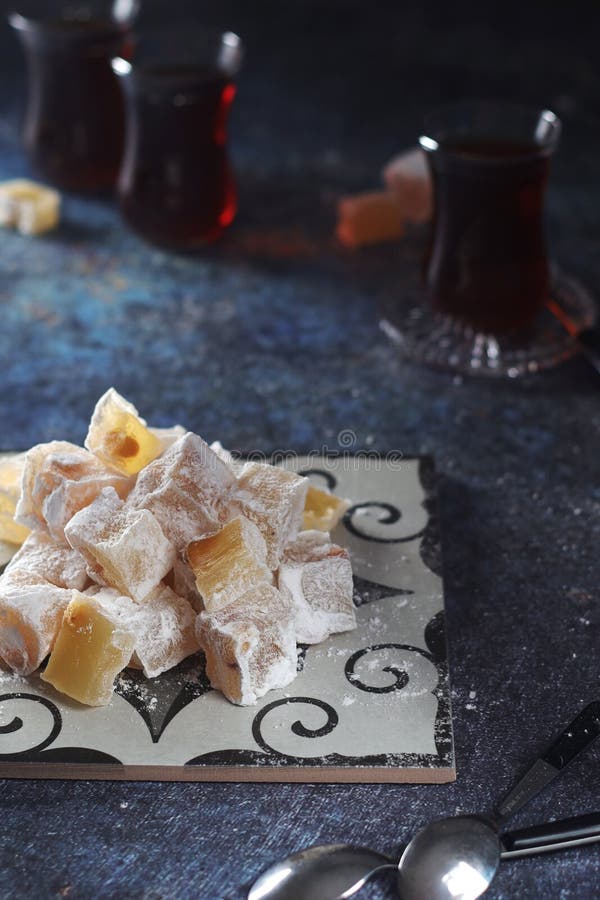 Traditional Turkish Lokum with Tea Stock Image - Image of arabic ...