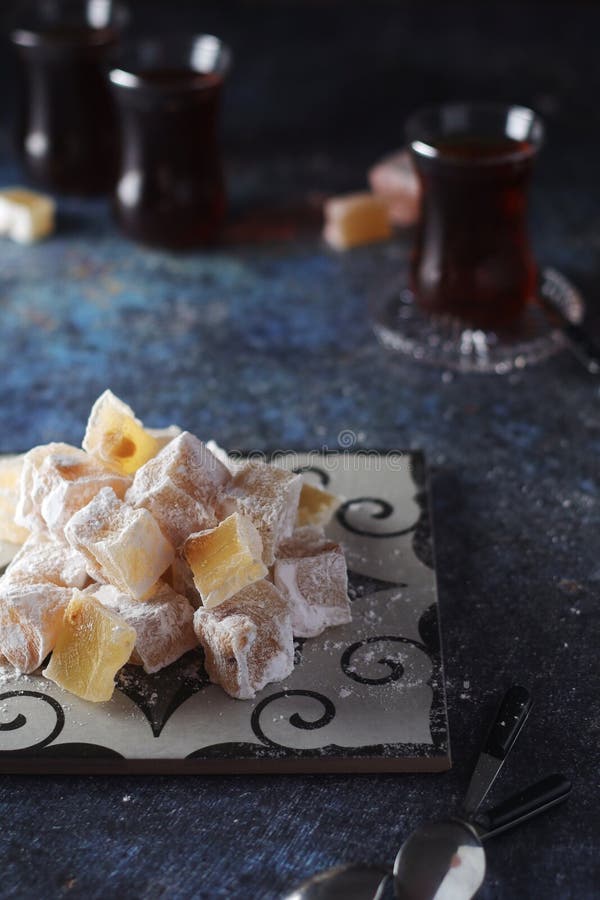 Traditional Turkish Lokum with Tea Stock Photo - Image of ramadan ...