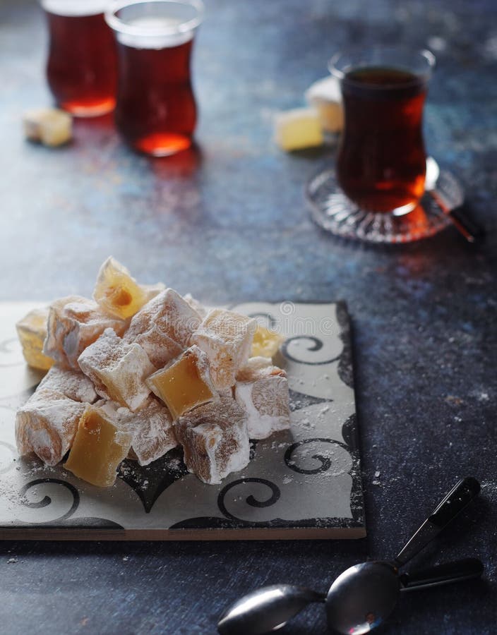 Traditional Turkish Lokum with Tea Stock Image - Image of sweet ...