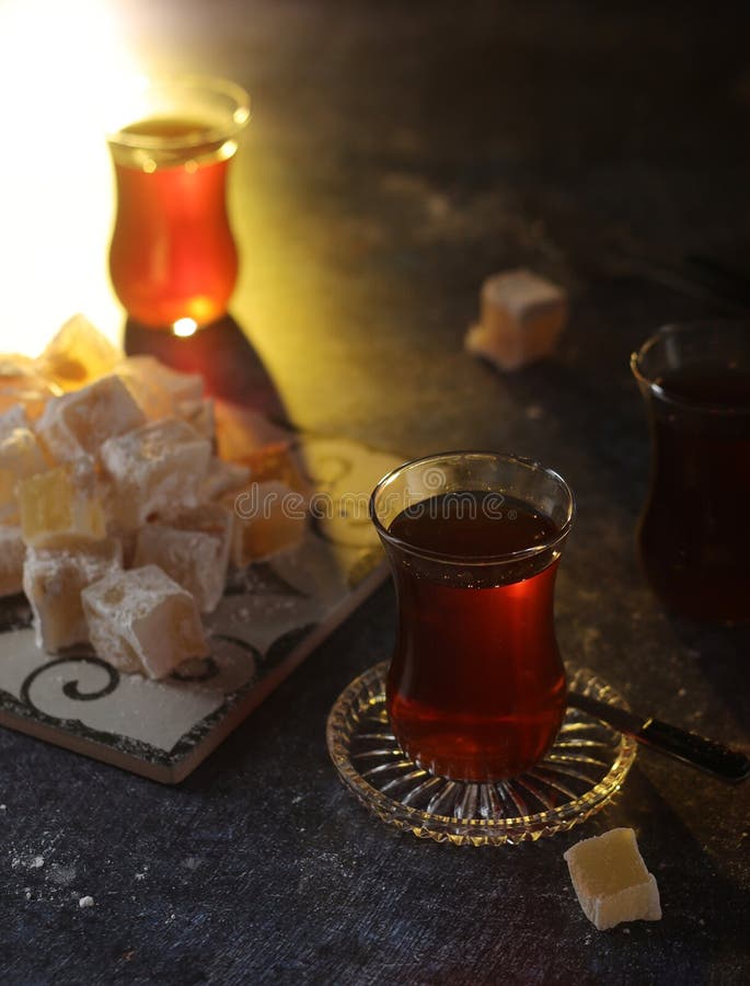 Traditional Turkish Lokum with Tea Stock Image - Image of desert ...