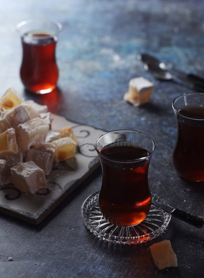 Traditional Turkish Lokum with Tea Stock Image - Image of turkish ...