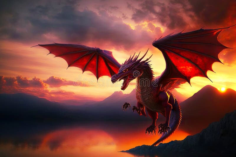 Traditional Oriental Red Dragons Against Backdrop of Sunset and ...