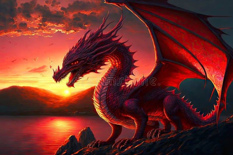 Traditional Oriental Red Dragons Against Backdrop of Sunset and ...