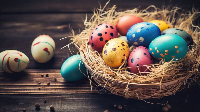 Happy Easter. Easter Eggs with Dots in Wicker Basket on Wooden ...