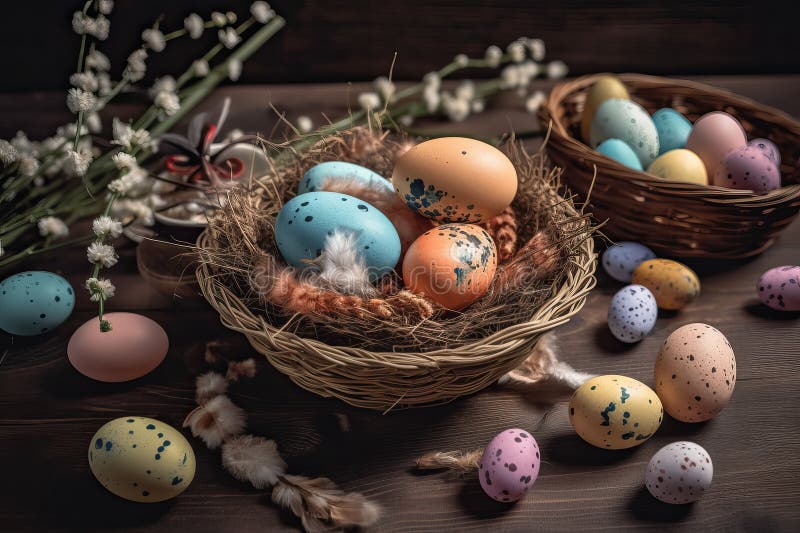 Compositions of Easter Dotted Pastel Colors Eggs in a Wicker Basket on ...