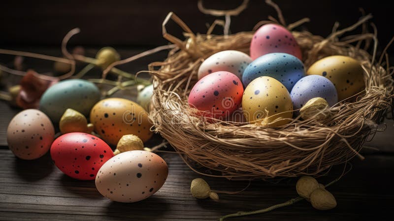 Traditional Orthodox Easter Background. Easter Eggs in a Nest on Wooden ...