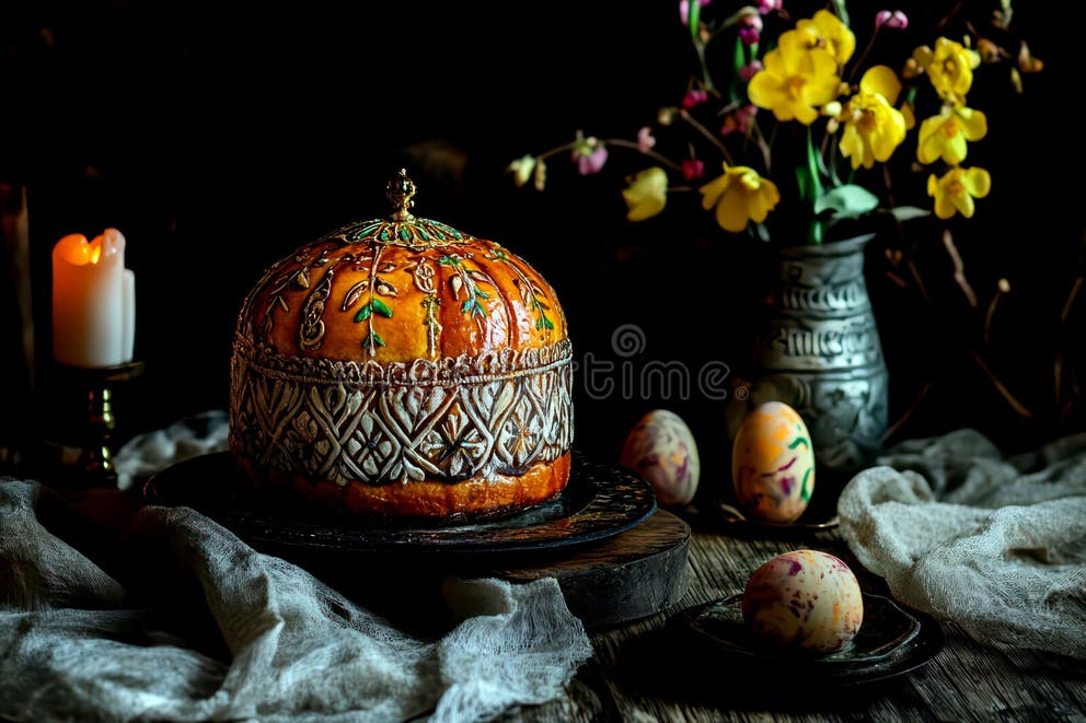 Traditional Orthodox Easter Celebration with Kulich Bread and Decorated ...