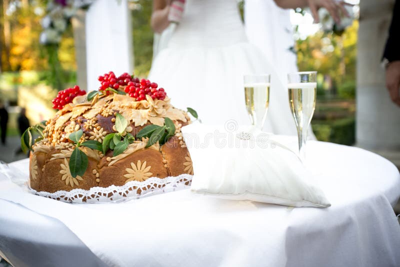 Traditional Orthodox Wedding Bread Lying on Ceremonial Table Stock ...